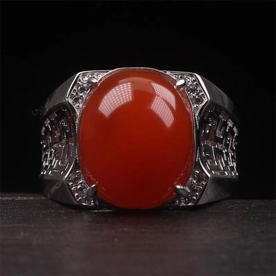 天然保山南红玛瑙 无裂原矿柿子红戒面 925银镶嵌男款戒指 9.09克