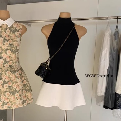 WGWE2026春夏新款轻熟风高级设计感撞色假两件高领无袖连衣短裙女