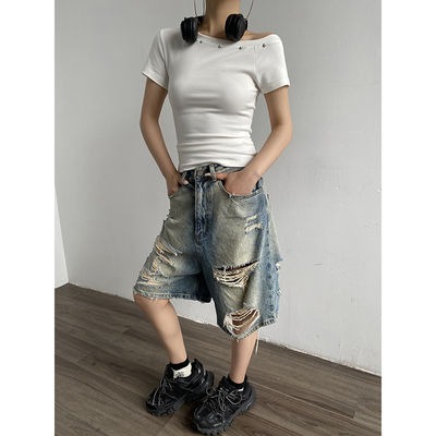 Acupstudio江右上 性感铆钉斜肩短袖T恤女夏季新款修身短款上衣