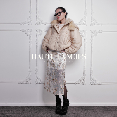 汉风交叉领仿兔毛连帽羽绒棉外套