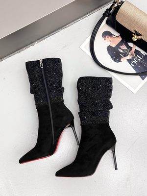 2025冬2570超高细跟尖头绒面水钻装饰时尚性感短靴显瘦长腿女鞋潮