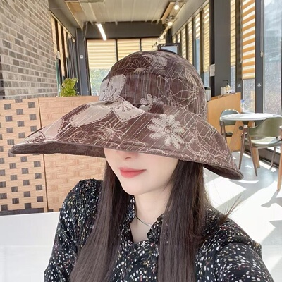 韩国显脸小碎花空顶帽紫外线防晒遮阳帽女夏可折叠大檐双面太阳帽