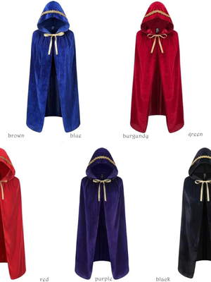 万圣节长款丝绒连帽披肩黑色舞台装演出服小红帽金色缎带披风斗篷