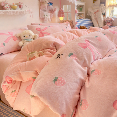 粉色草莓加厚牛奶绒四件套少女心双面保暖被套珊瑚绒床单三件套冬