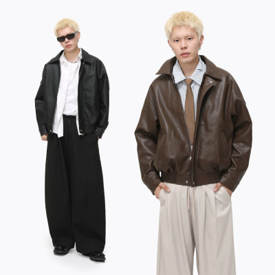 MTLCLOTHES男装|复古美式时尚痞帅ins百搭休闲翻领短款皮夹克外套