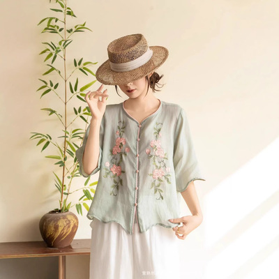 园园美衣衫女2026夏季新款圆领开衫上衣刺绣透气清凉短袖宽松小衫