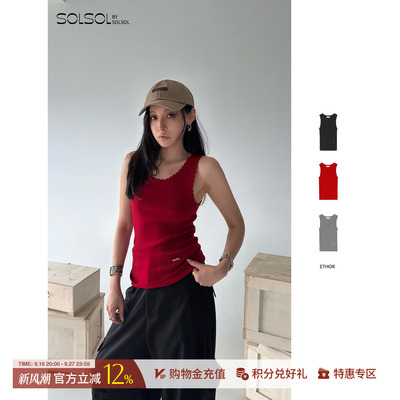 ETHOR休闲纯色钩花边针织背心