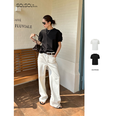 DEEPMOSS休闲纯色圆领堆袖T恤