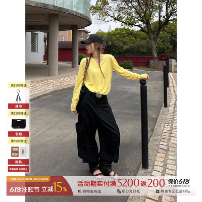ETHOR优雅黄色V领长袖针织开衫