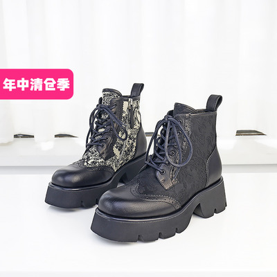 系带马丁靴短靴可媚胎牛皮厚底
