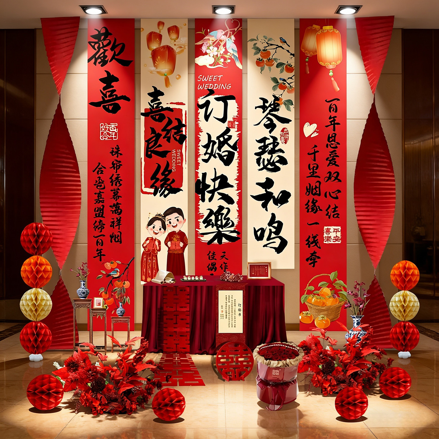 网红订婚宴布置装饰背景墙kt板结婚仪式场景简单气球全套摆件大全