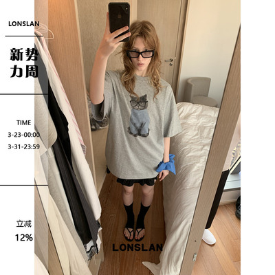 LONSLAN25SUMMER 可爱大件慵懒猫咪短袖T