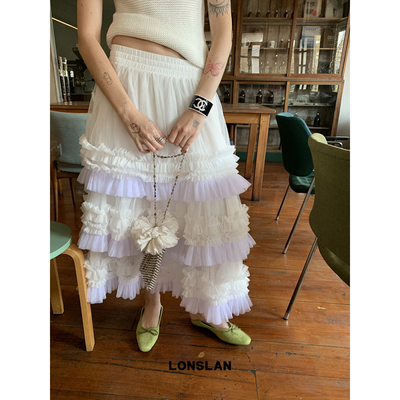 LONSLAN 2025春夏新款休闲高腰撞色荷叶边网纱蓬蓬蛋糕半身裙长裙