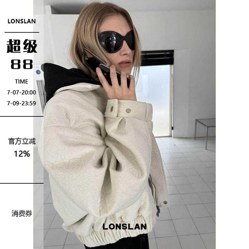 LONSLAN 2024秋冬新款宽松短款廓形翻领麂皮绒棉衣夹克外套上衣女