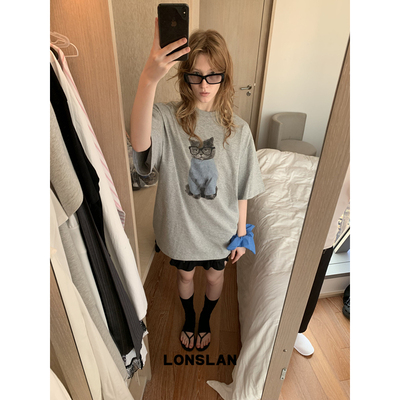 LONSLAN25SUMMER 可爱大件慵懒猫咪短袖T