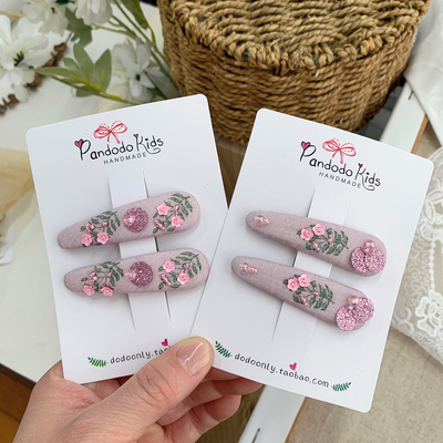 Pan包邮小众自制 梦境花园粉色蔷薇串珠花朵边夹儿童手缝花朵发饰