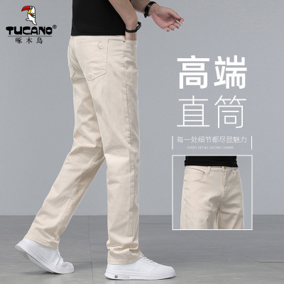 啄木鸟卡其直筒弹力牛仔裤男夏季