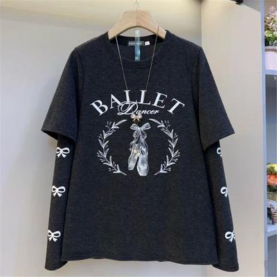 2026春季新款休闲时尚卫衣女芭蕾风印花拼接假两件长袖大码上衣潮