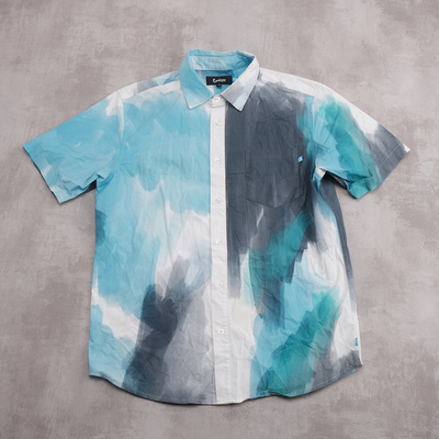 cookies蓝色扎染泼墨翻领短袖衬衫