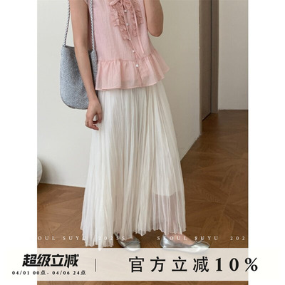 韩系温柔风褶皱雪纺半身裙女夏季