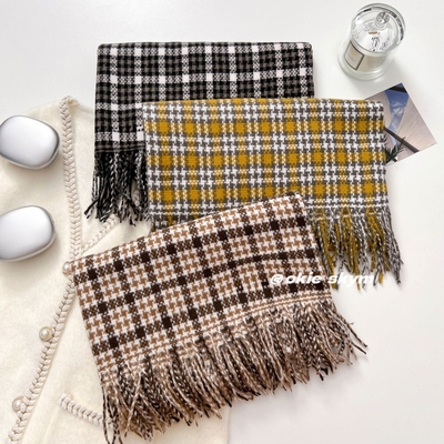 okie skym 复古文艺格纹围巾秋冬保暖软糯加厚流苏披肩仿羊绒围脖