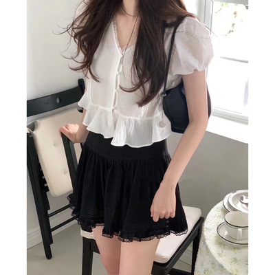 sale！法式V领蕾丝边泡泡袖衬衫韩国liter设计感透气短袖上衣女