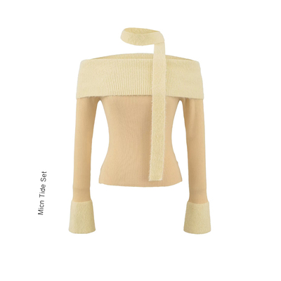 复古围脖一字肩长袖针织衫