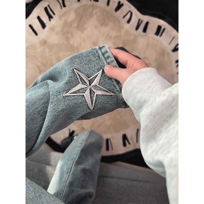 五角星刺绣牛仔裤男潮流显瘦微喇