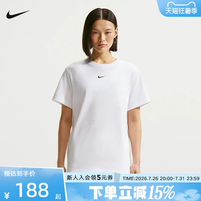 NIKE耐克女子T恤夏Oversize风印花小标棉质短袖针织衫IH7602-100