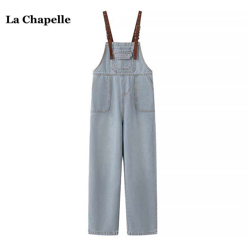拉夏贝尔/La Chapelle秋季休闲百搭背带牛仔裤小个子宽松阔腿裤女