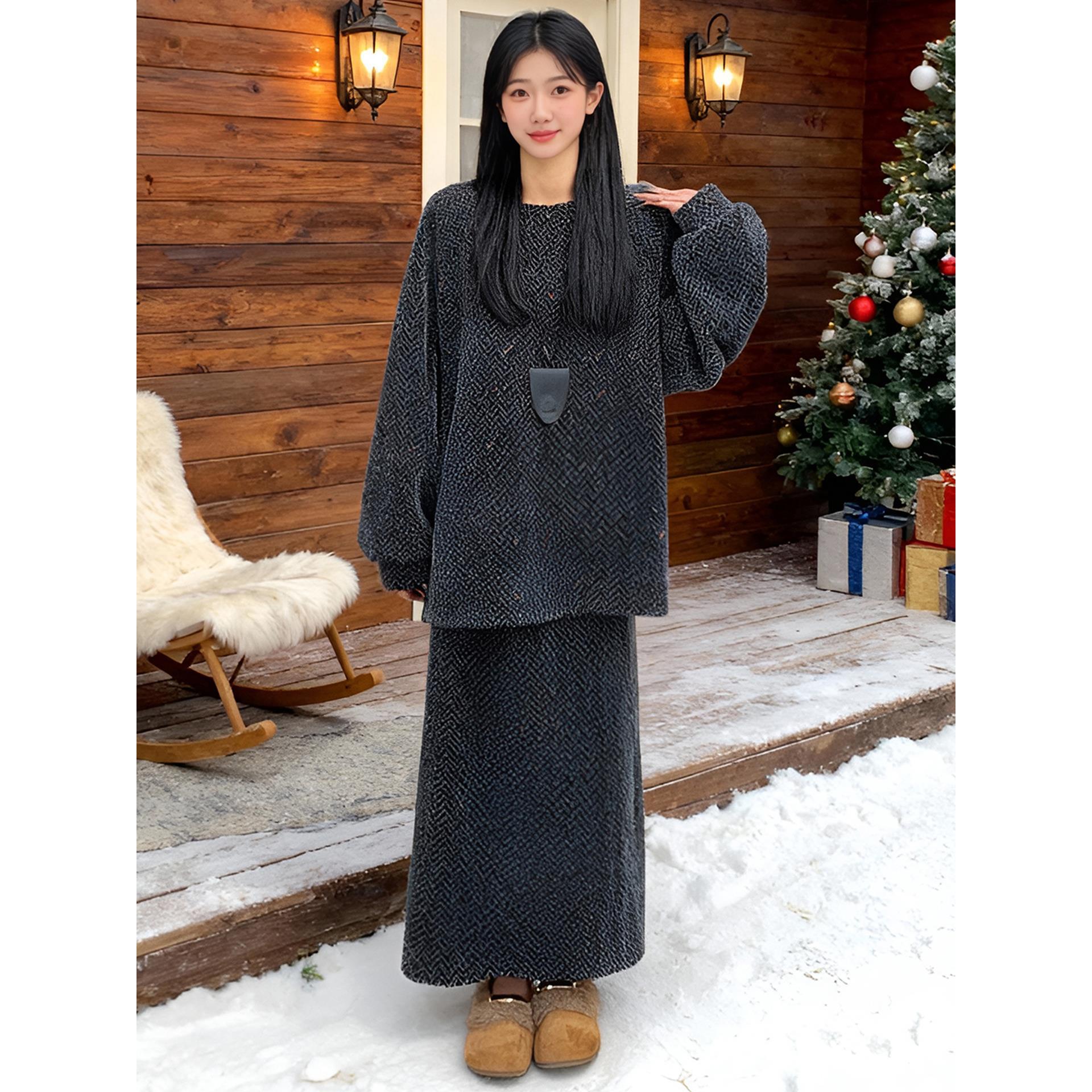 高级感慵懒风设计感套装女2025秋冬新款圆领上衣开叉半身裙两件套