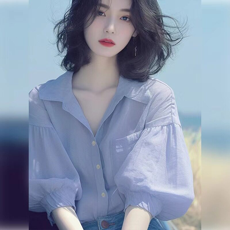 夏季韩系chic别致独特设计感紫色灯笼袖衬衫温柔气质绝美V领上衣