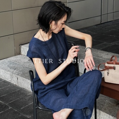 TTIER｜【蓝宝石】85亚麻15桑蚕丝慵懒背心阔腿裤套装MSL112