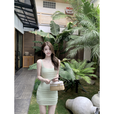 若语定制 夏日沁绿 纯欲性感裙子女修身大方领含羊毛肌理感连衣裙