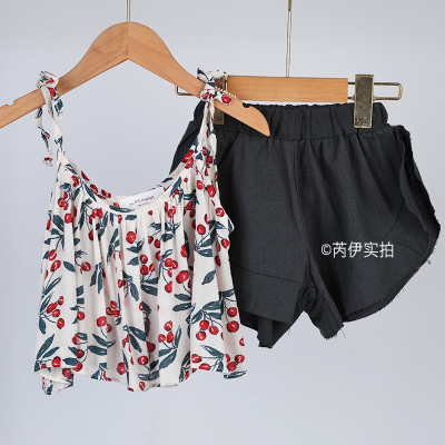 韩国进口Puell夏薄女童时尚蕾丝吊带上衣 花朵树叶长裤花边短裤