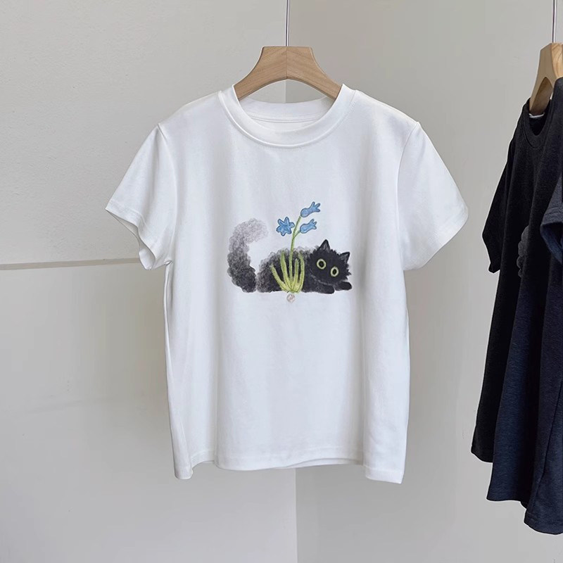 水墨猫咪刺绣印花正肩显瘦短袖T恤女夏季新款圆领宽松休闲短上衣
