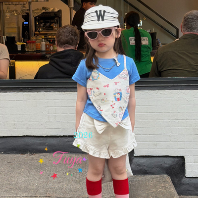 26夏 小涂鸦 女童蓝色涂鸦假两件短袖75398 白色短裤75381