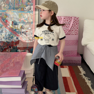 Opao•26夏~女童圆领kitty印花短袖7815 藏青色工装裤7823