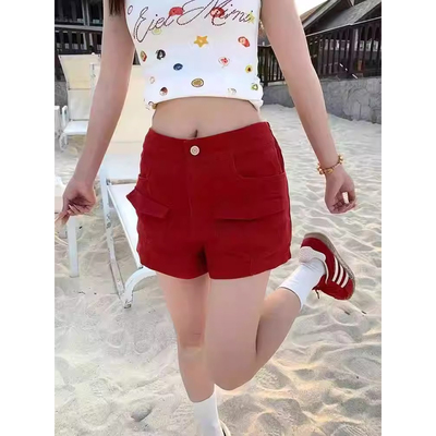 美式复古红色工装牛仔短裤女夏季高街设计感宽松包臀显瘦阔腿热裤