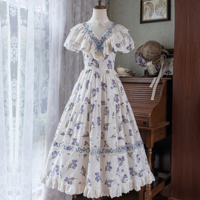 青lo原创设计刺绣爱德华领连衣裙