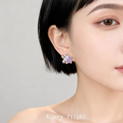原创珐琅彩绘滴釉渐变色 925银针镶嵌锆石紫色星星耳钉个性耳饰女