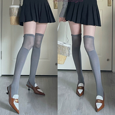 不可思一间春夏新豆豆花边分段镂空薄款透气精梳棉无骨过膝长筒袜