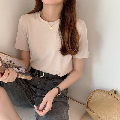 实拍 夏季百搭新款高弹力圆领短袖T恤女内搭宽松韩版打底半袖上衣