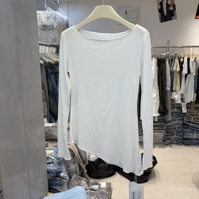 摩登mdeng197春季韩系一字领不规则长袖T恤衫女百搭打底上衣2F051