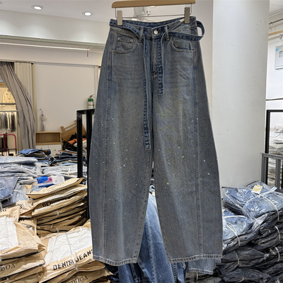 欧货73215正版春季浅蓝色烫钻设计系带高腰宽松显瘦弯刀牛仔裤女