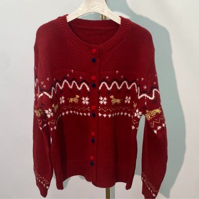 02费尔岛毛衣女秋冬红色新学院风本命年圆领毛针织衫休闲宽松百搭