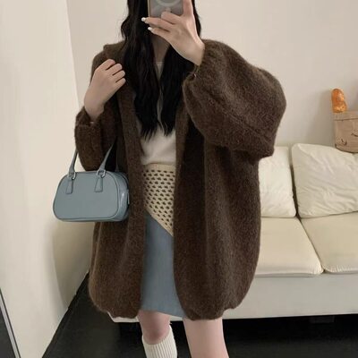 连帽针织开衫大码女装显瘦宽松