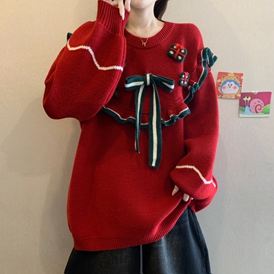 红色针织衫毛衣秋冬大码女装上衣