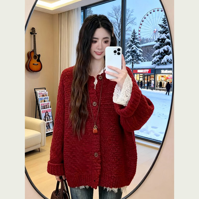 红色新年毛衣大码女针织开衫外套