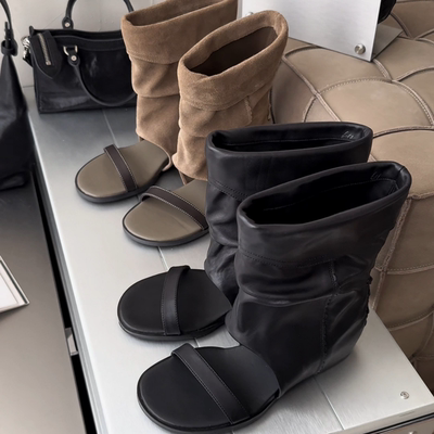 真皮露趾堆堆靴内增高中筒时装靴